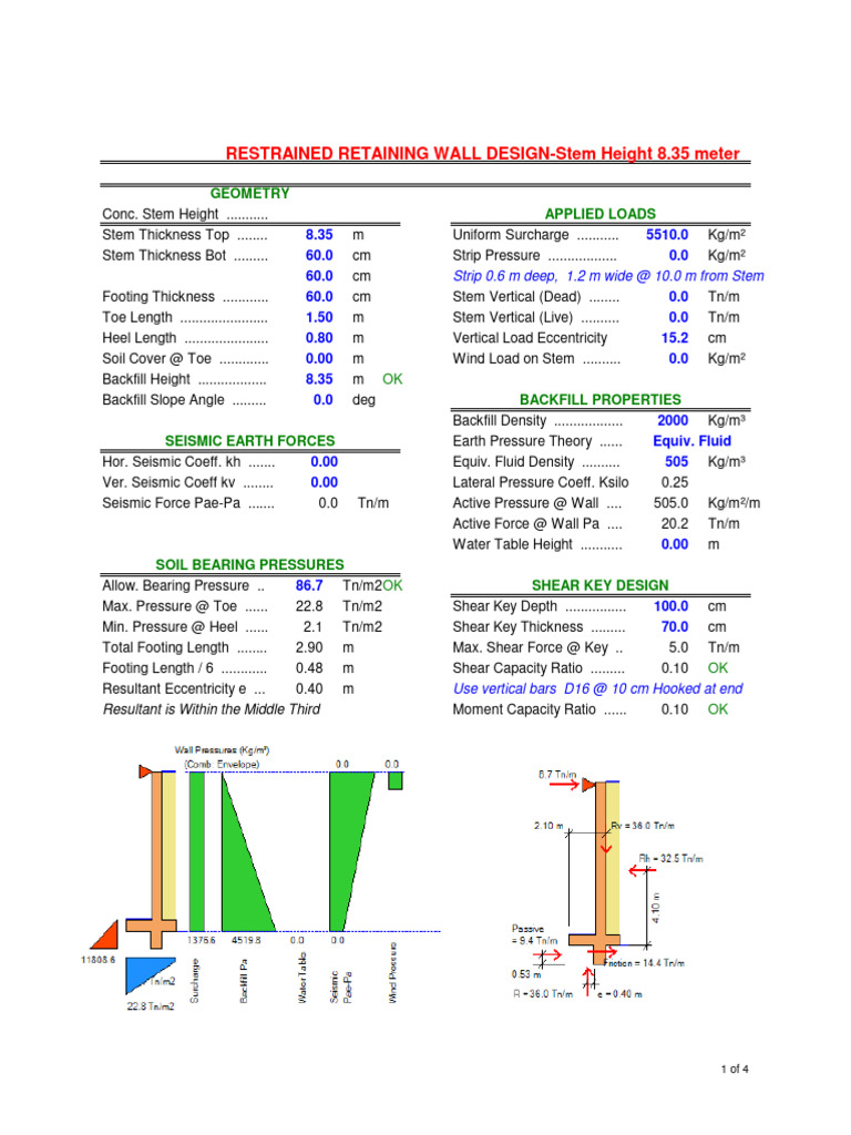 Restrained Retaining Wall Design-Stem Height 8.35 Meter: Geometry ...