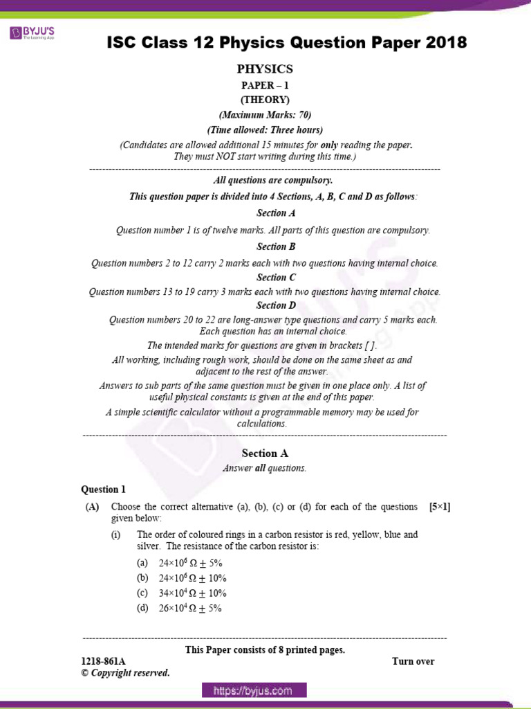 ISC Class 12 Physics Question Paper 2018 | PDF | Capacitor | Electrical ...