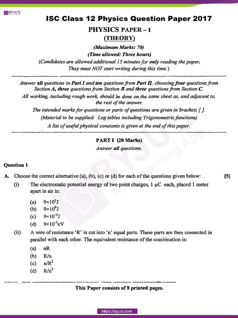 ISC Class 12 Physics Question Paper 2017 | PDF | Quantity | Physical Sciences
