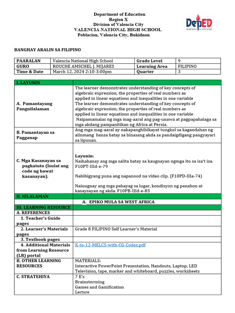 Banghay Aralin Sa Filipino | PDF