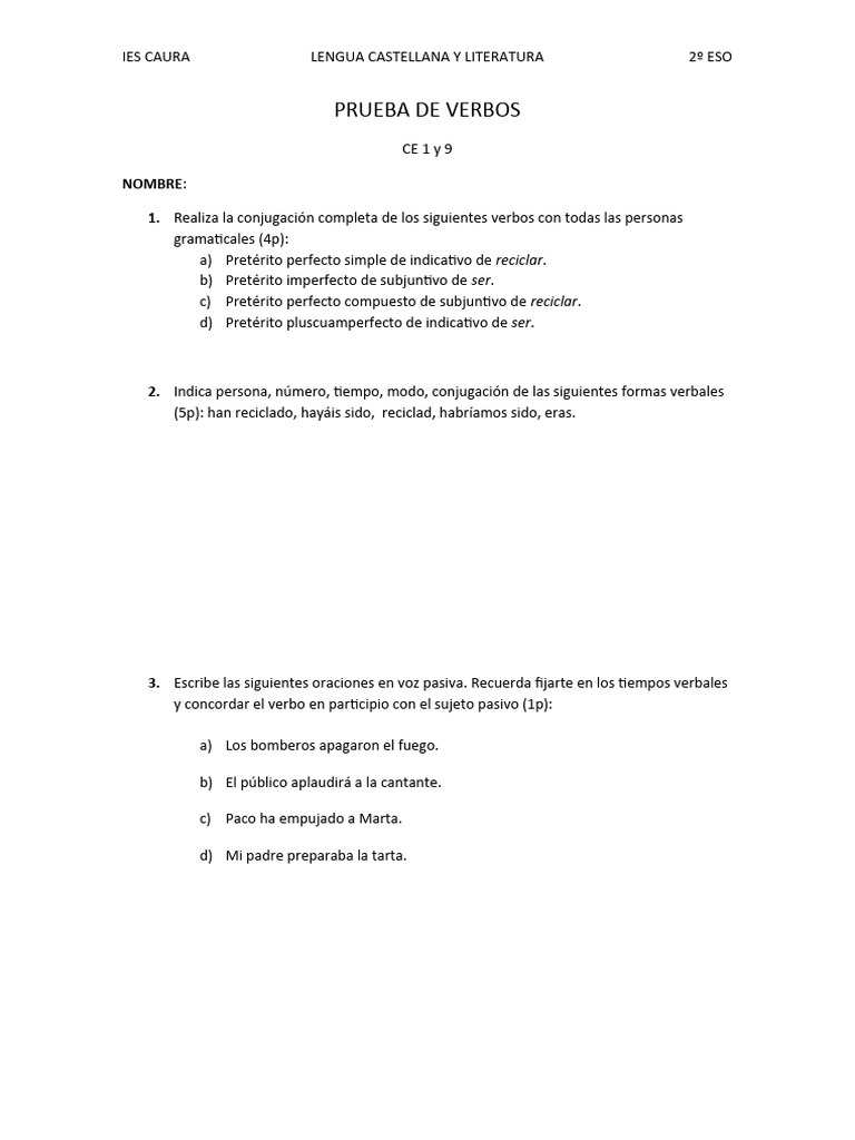 PRUEBA DE VERBOS 2º ESO | PDF