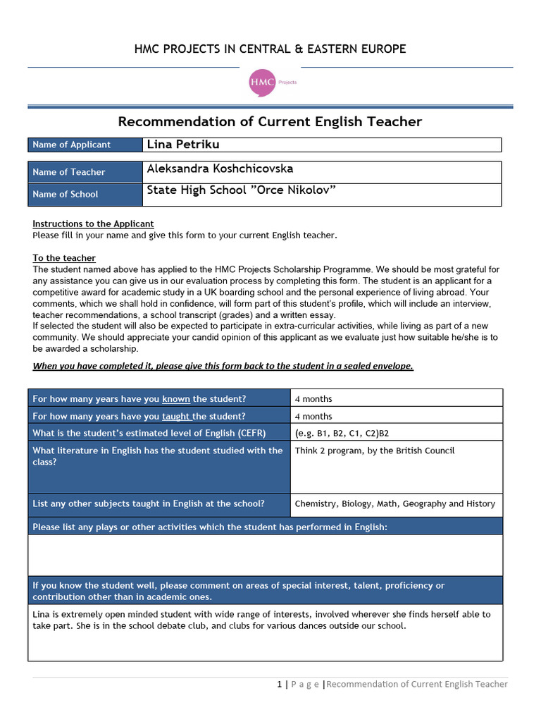 Teacher's Recommendation for Lina | PDF | Learning | Cognition