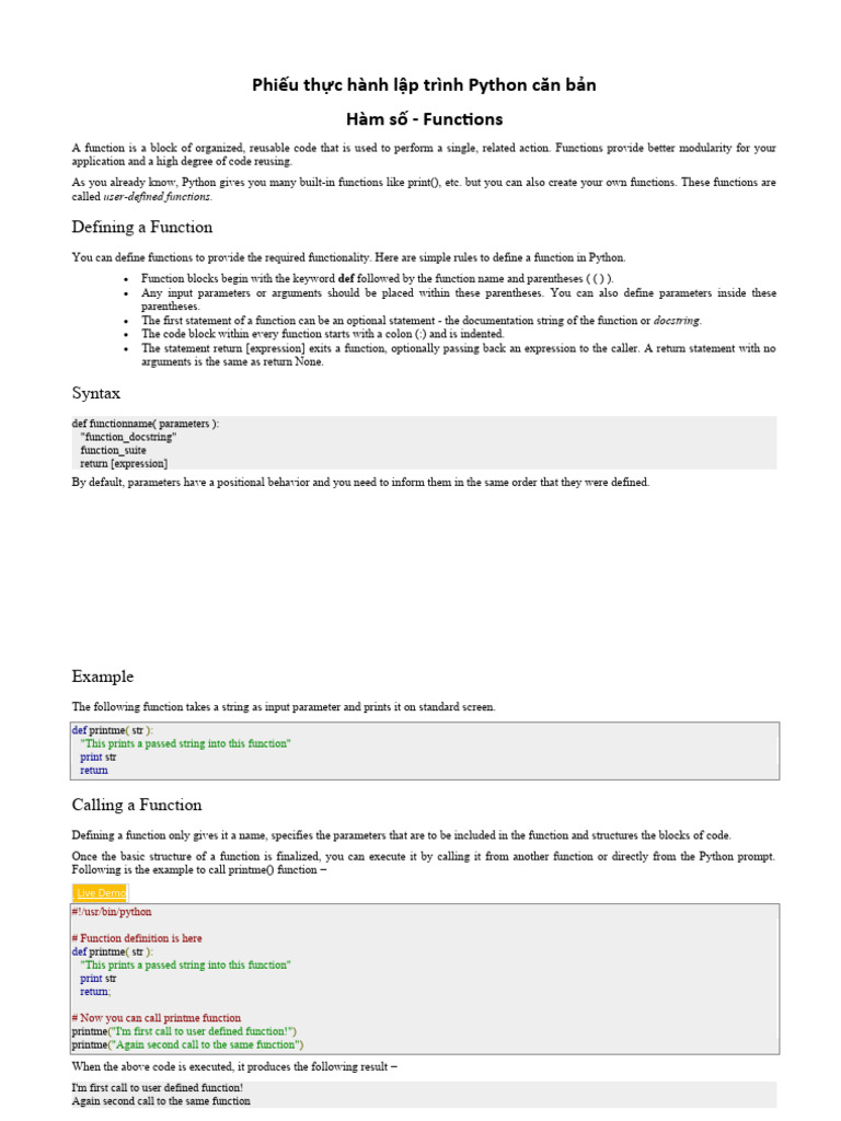 Phieu Thuc Hanh - Functions | PDF | Parameter (Computer Programming) | Anonymous Function