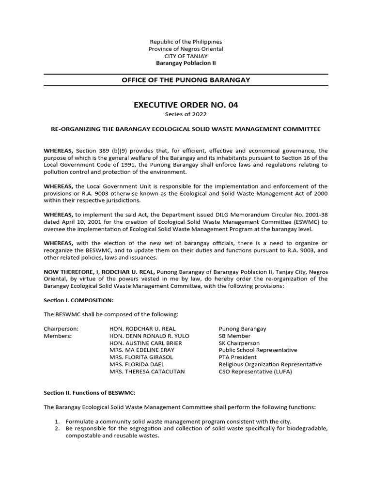 Eo 04 Re Organizing Beswmc | PDF | Waste Management | Human Impact On ...