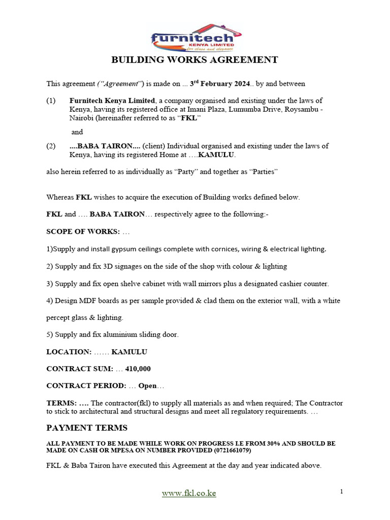 Building Works Agreement - FKL & Baba Tairon | PDF