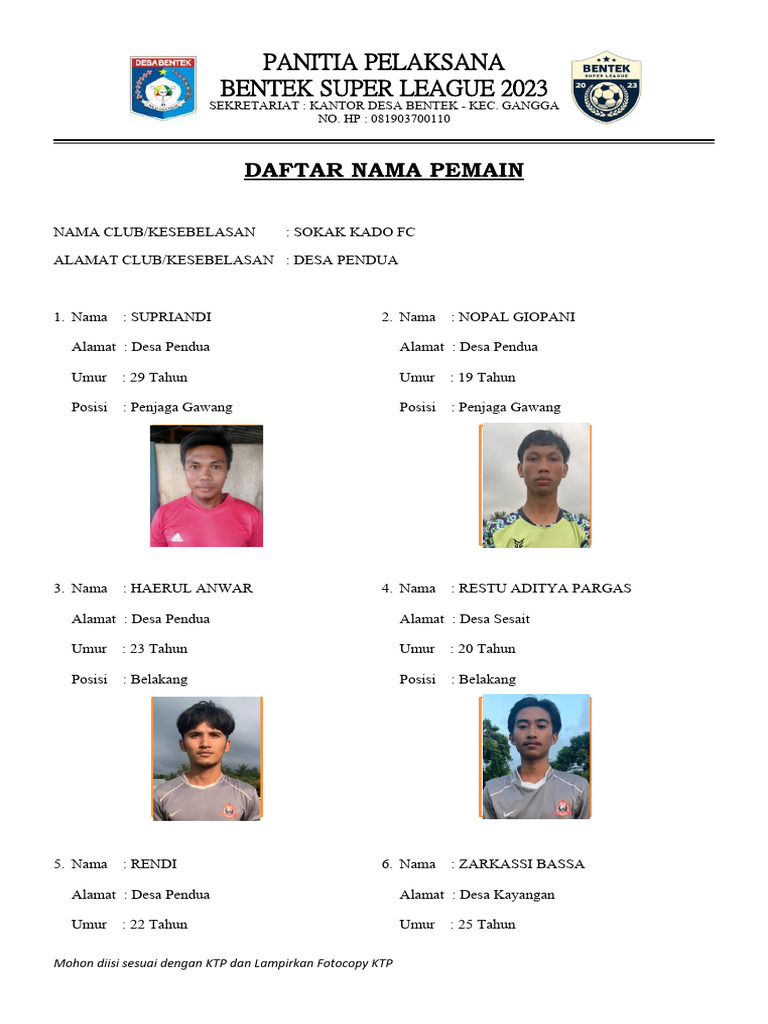 Format Daftar Pemain, Official Dan Kostum | PDF