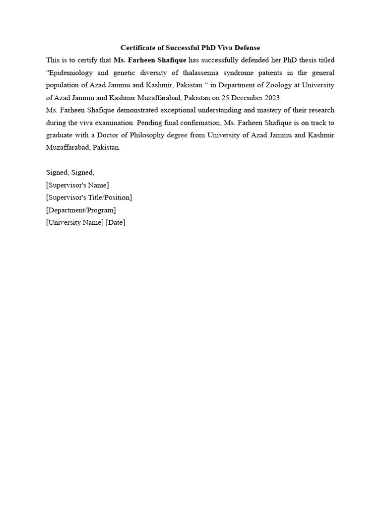 Certificate of Successful PHD Viva Defense | PDF