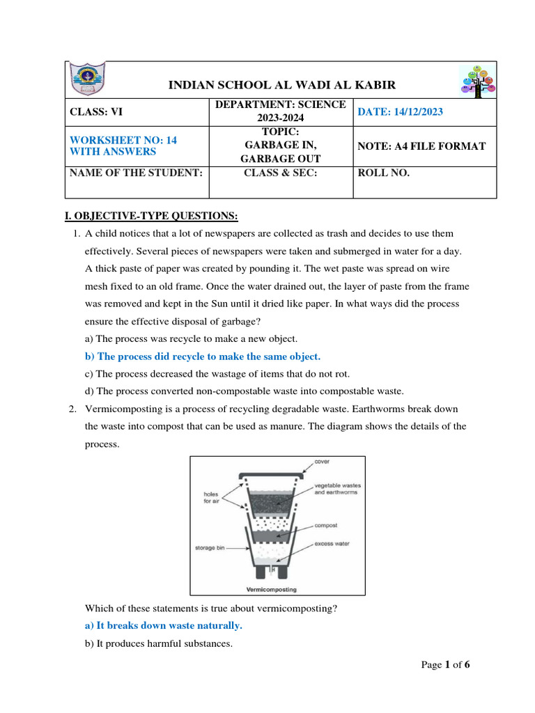 4089082-CLASS 6_SCIENCE_GARBAGE IN GARBAGE OUT_WS_VIKRANT | PDF | Waste | Landfill