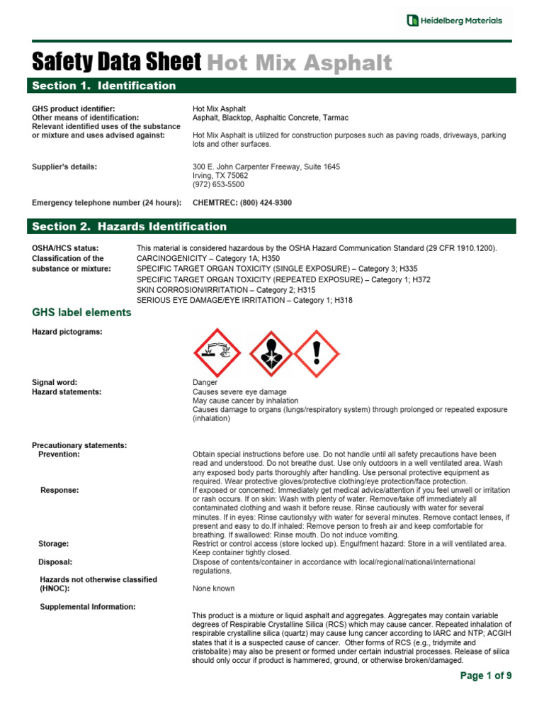 Sds Hot Mix Asphalt | PDF | Workplace | Working Conditions