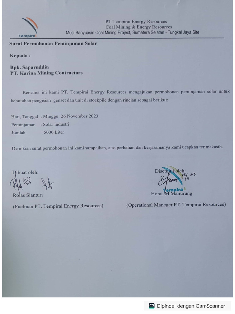 Surat Peminjaman Solar PT TER Tanggal 26-22-2023 | PDF