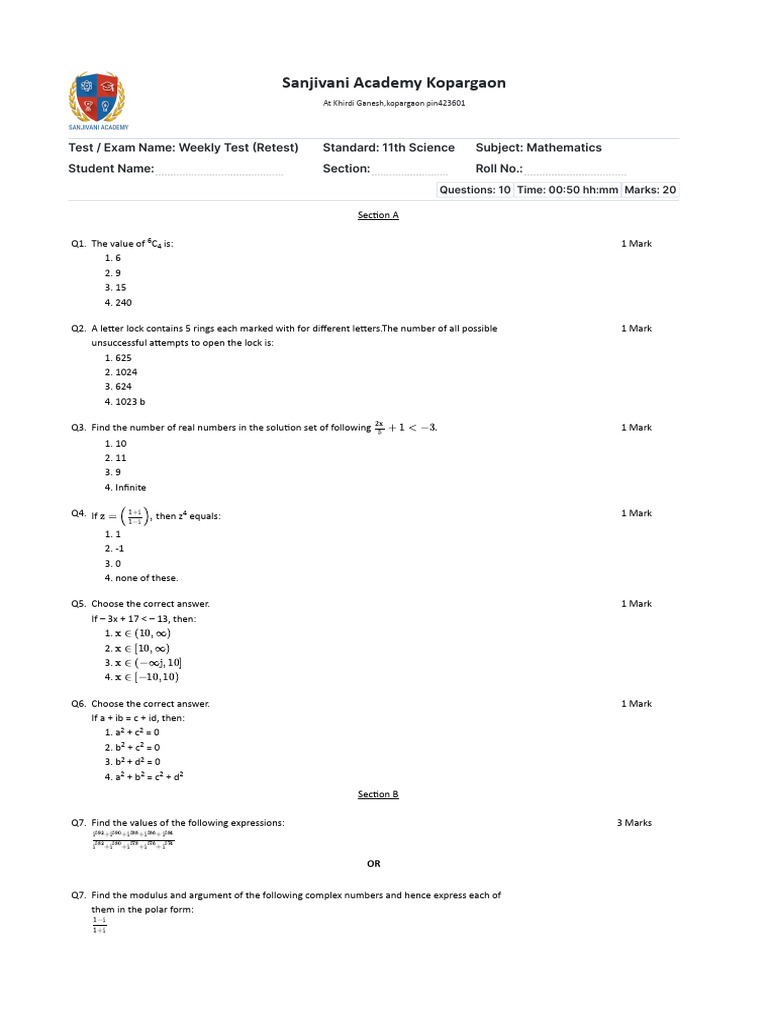 Math Weekly Test Question Paper | PDF | Mathematics | Science Math Weekly Test Question Paper | PDF | Mathematics | Science