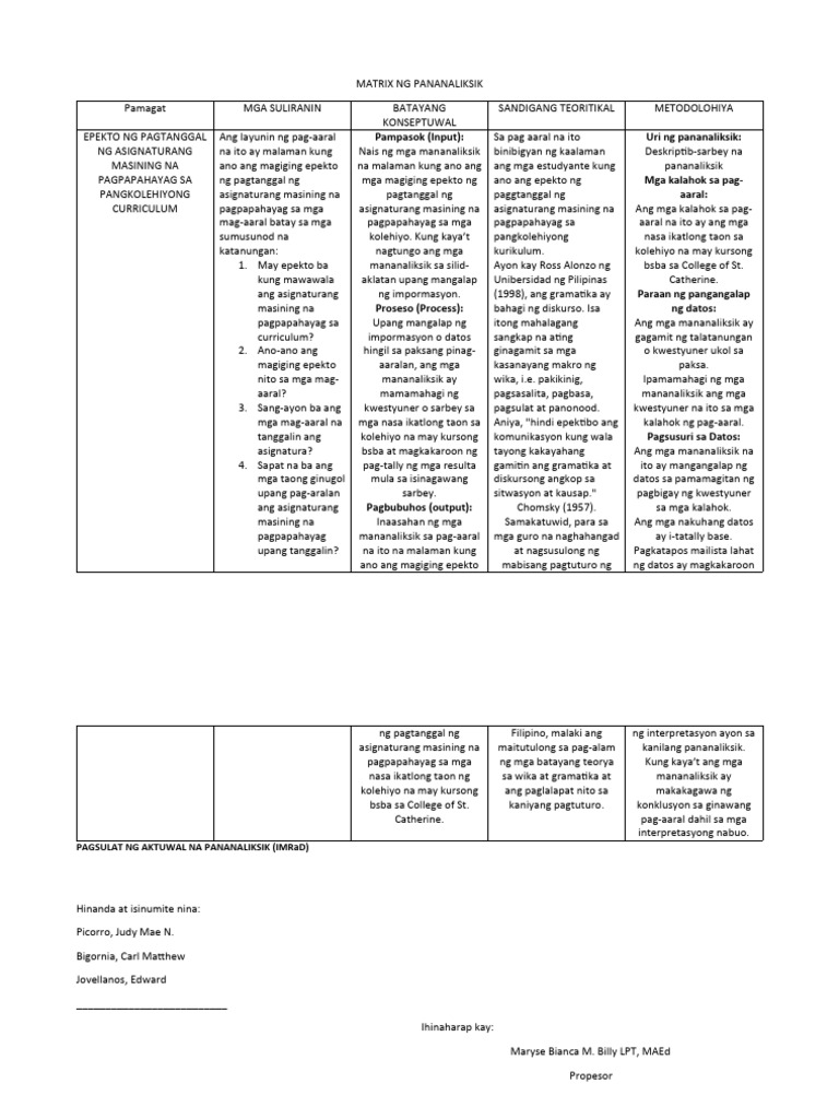 Matrix NG Pananaliksik | PDF