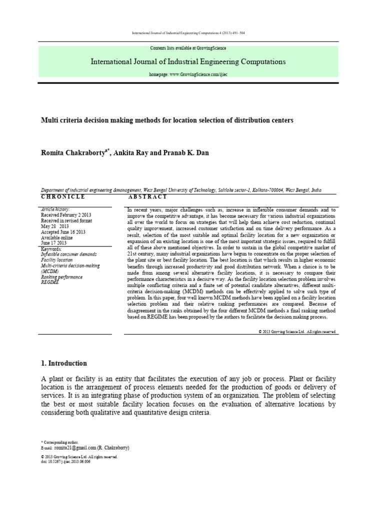 Multi Criteria Decision Making Methods For Locatio | PDF | Decision Making | Mathematical ...
