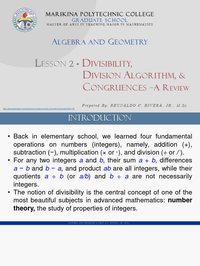 Lesson 2 Divisibility Division Algorithm And Congruences A Review Lec Latest Pdf Algebra 