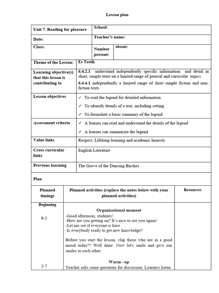 Er Tostik Lesson Plan Excel For Kazakhstan 6 Grade | Download Free PDF ...