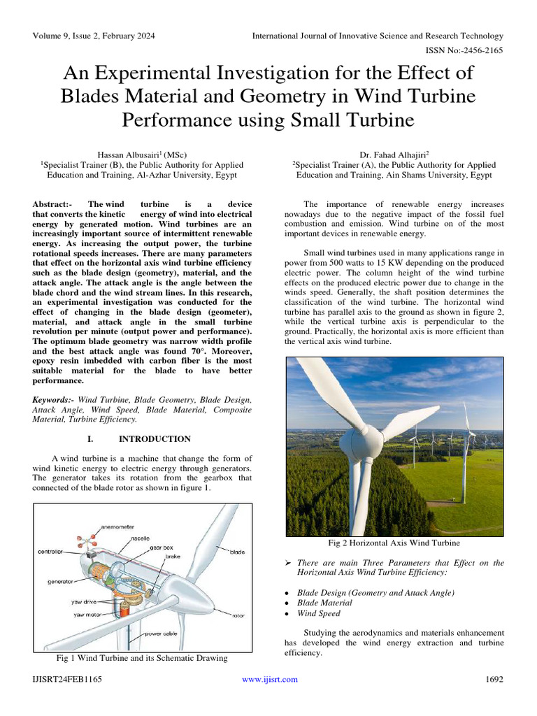 An Experimental Investigation For The Effect of Blades Material and Geometry in Wind Turbine ...