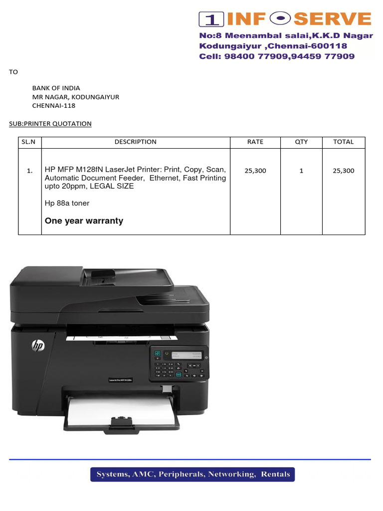 Printer Quotation for Bank of India | PDF
