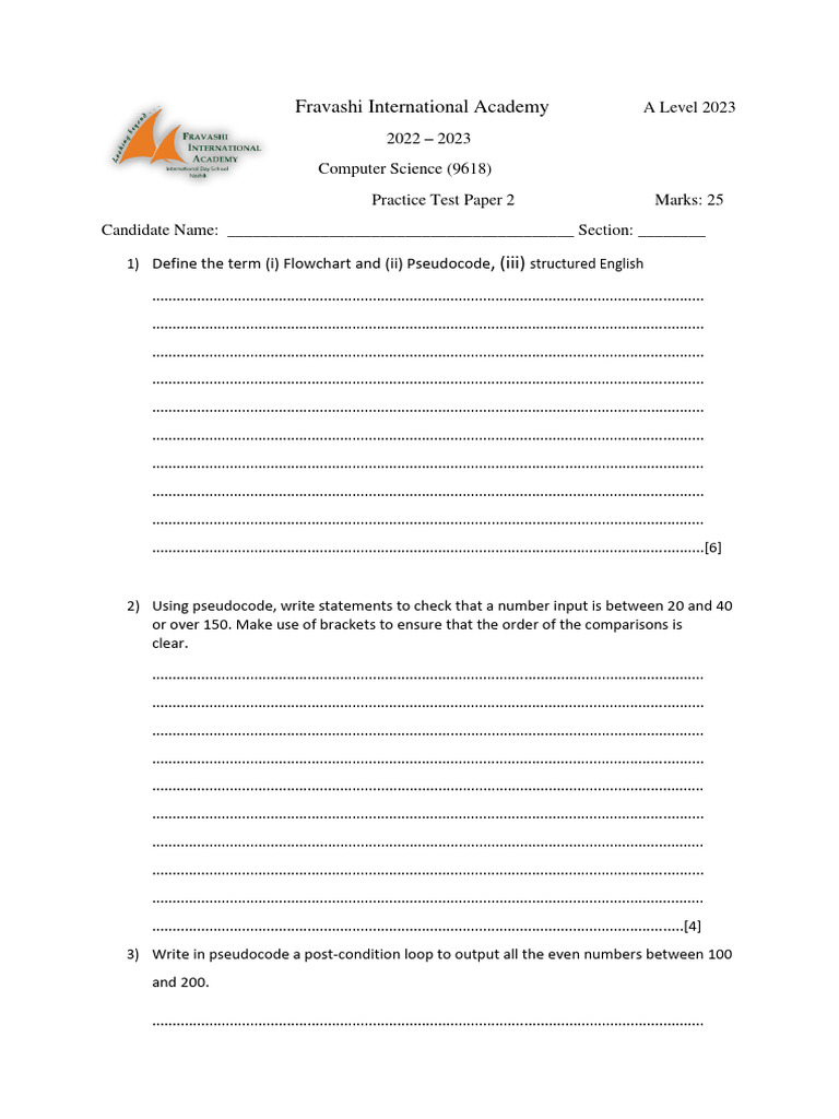 AS 9618 Practice Test P2 | PDF | Data Type | Algorithms