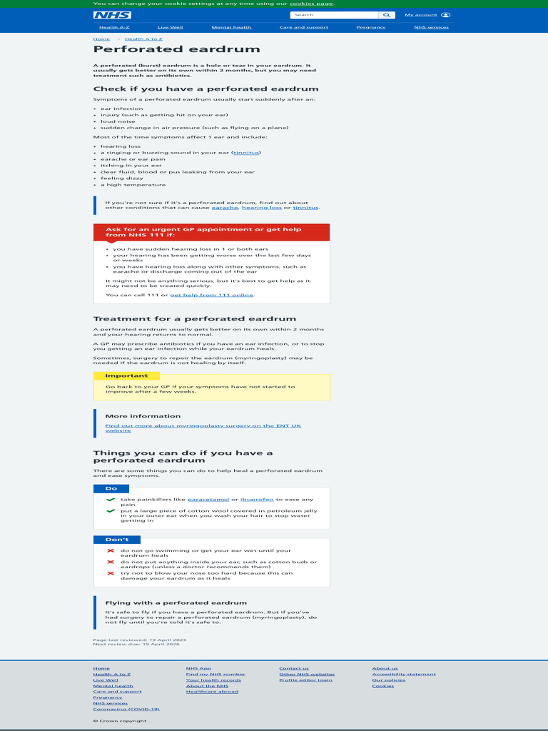 Perforated Eardrum - NHS | PDF | Ear | Hearing Loss