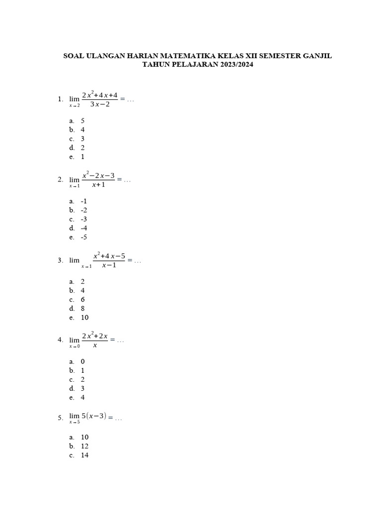 Soal Ulangan Harian Matematika Kelas Xii Semester Ganjil | PDF
