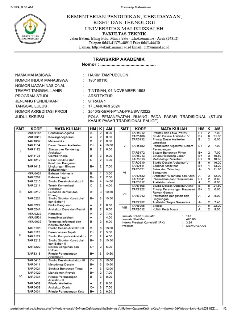 Transkrip Akademik Hakim Tampubolon | PDF