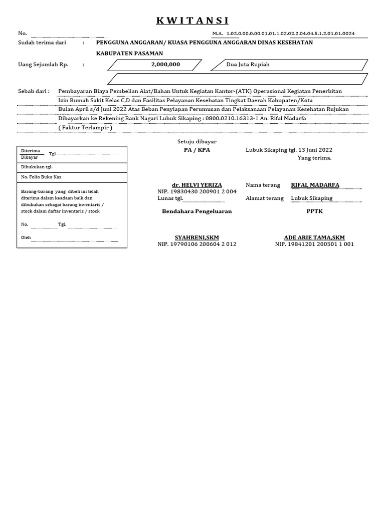 Kwitansi ATK Dan BBM Manual 2022 | PDF