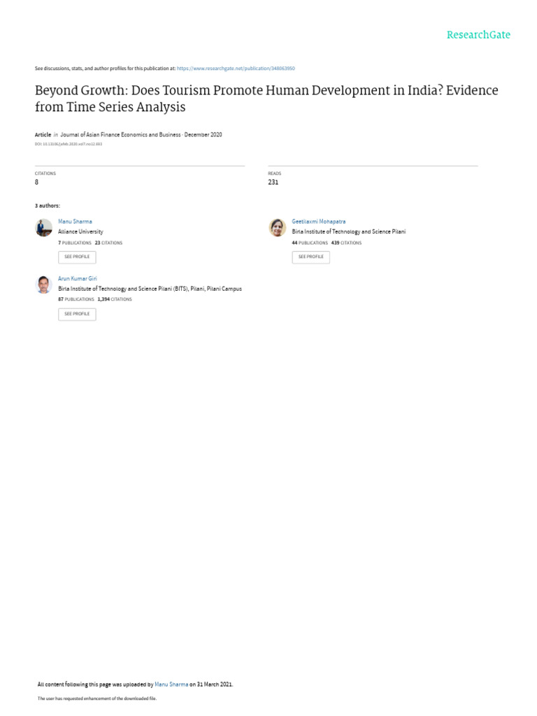 Beyond Growth: Does Tourism Promote Human Development in India? Evidence From Time Series ...