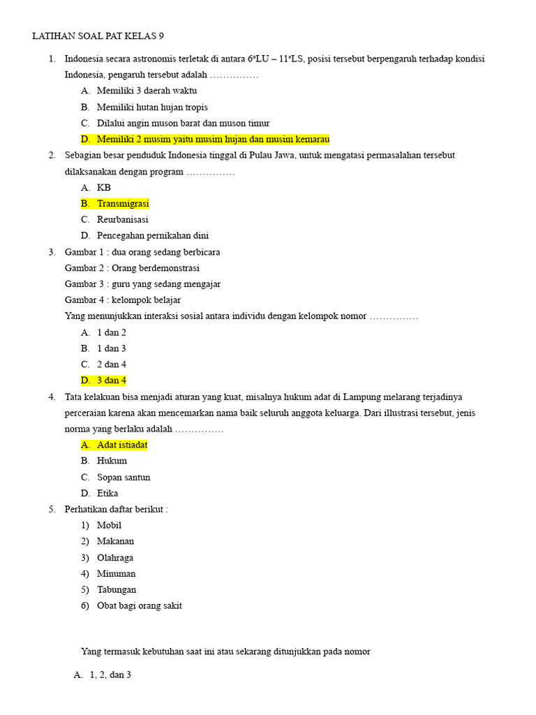 Latihan Soal Pat Ips Kelas 9 | PDF