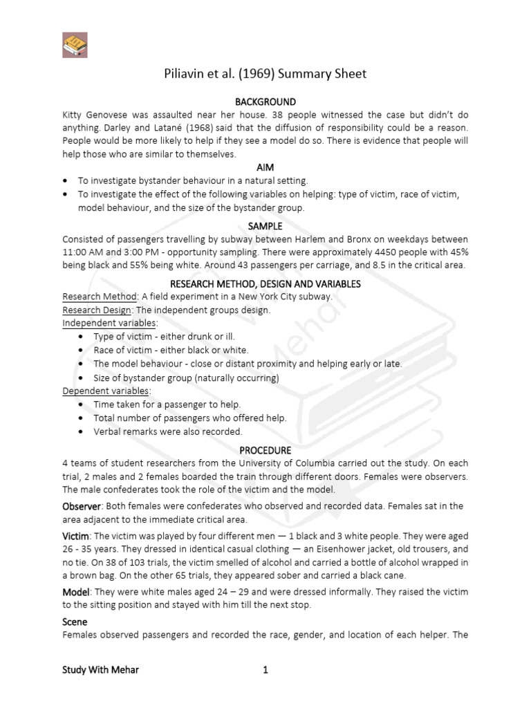 Piliavin Et Al. 1969 Summary Sheet | PDF | Psychology | Behavioural ...