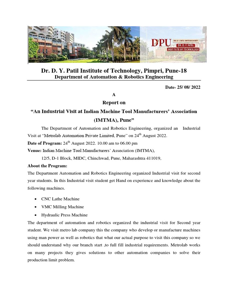 Industrial Visit at (IMTMA) | PDF | Business
