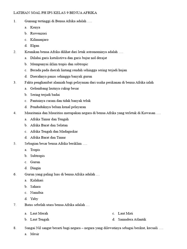 Latihan Soal PH Ips Kelas 9 Benua Afrika Dan Mesir | PDF