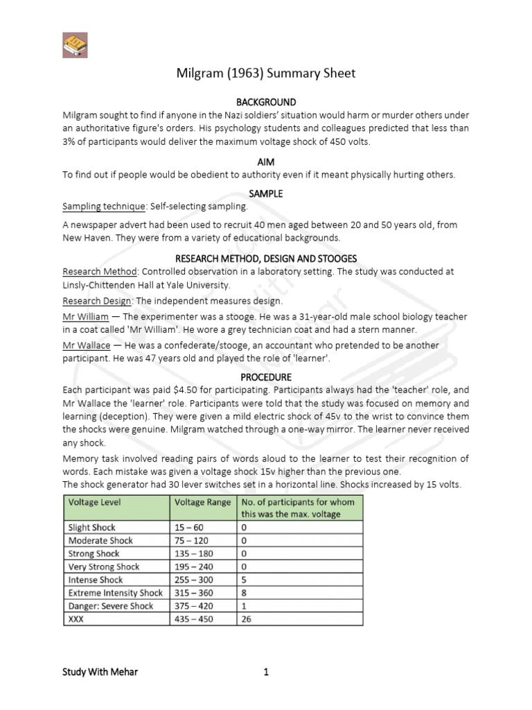 Milgram (1963) Summary Sheet - Study With Mehar | PDF | Science ...