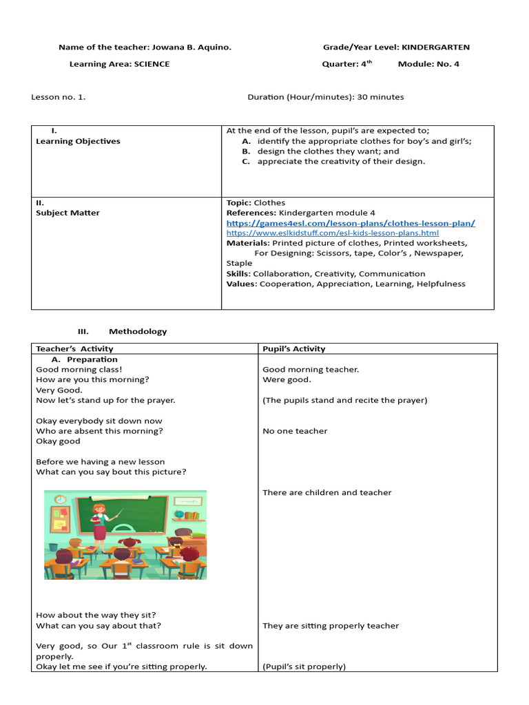 Lesson Plan in Play Development | PDF | Teachers | Clothing