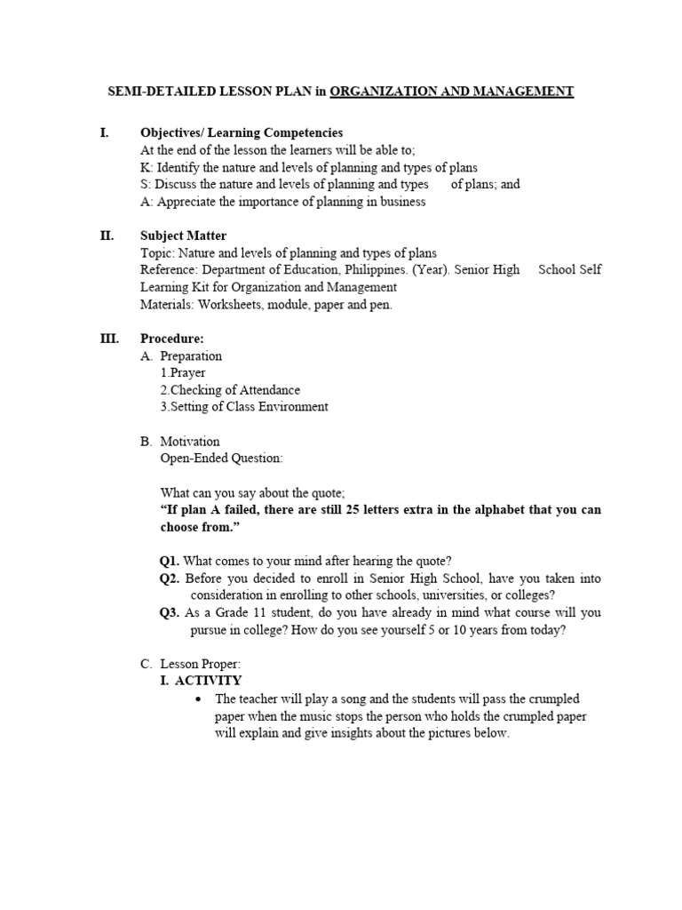 SEMI-LESSON-PLAN-week 6 - Organization and Management | PDF | Lesson ...