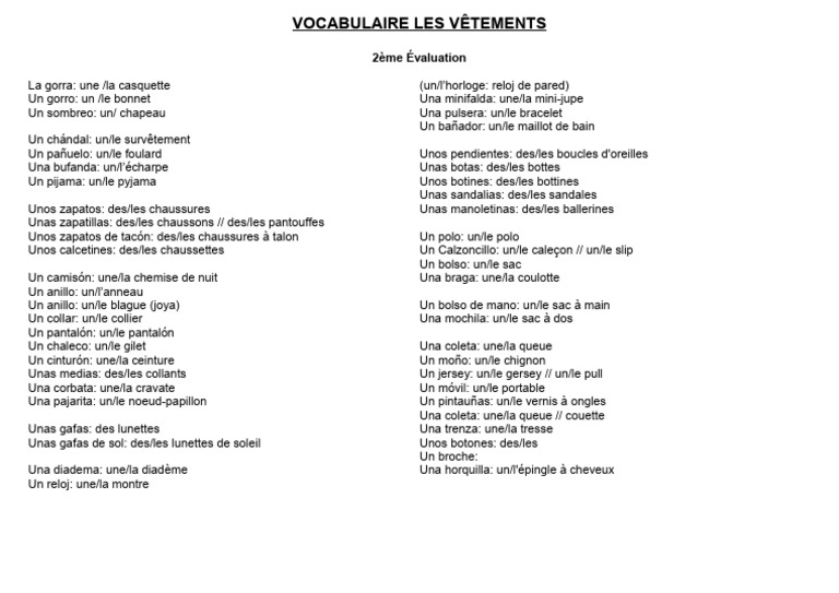 Vocabulaire des Vêtements en Français | PDF