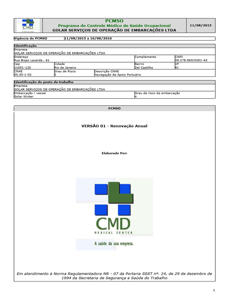 PCMSO 2015-2016: Saúde Ocupacional na Golar Serviços | PDF