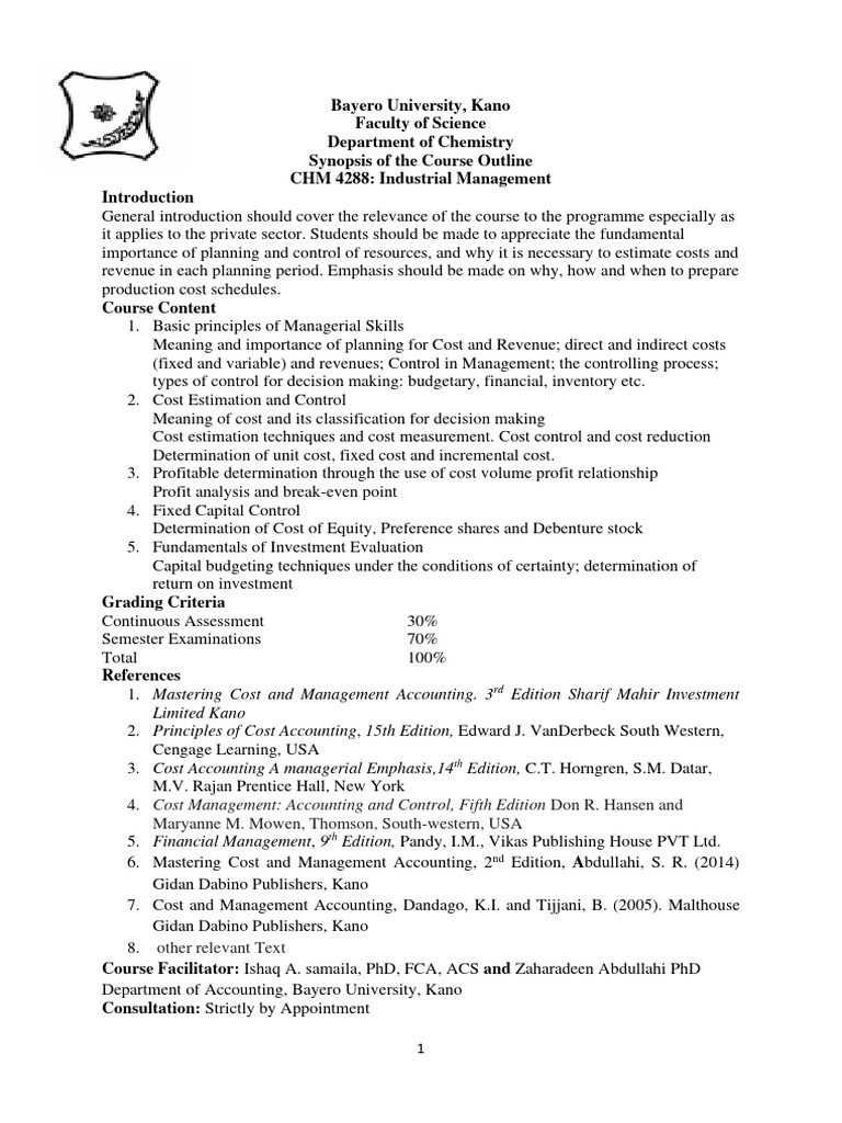 CHM 4288 Industrial Management Lecture Notes 23 F N | PDF
