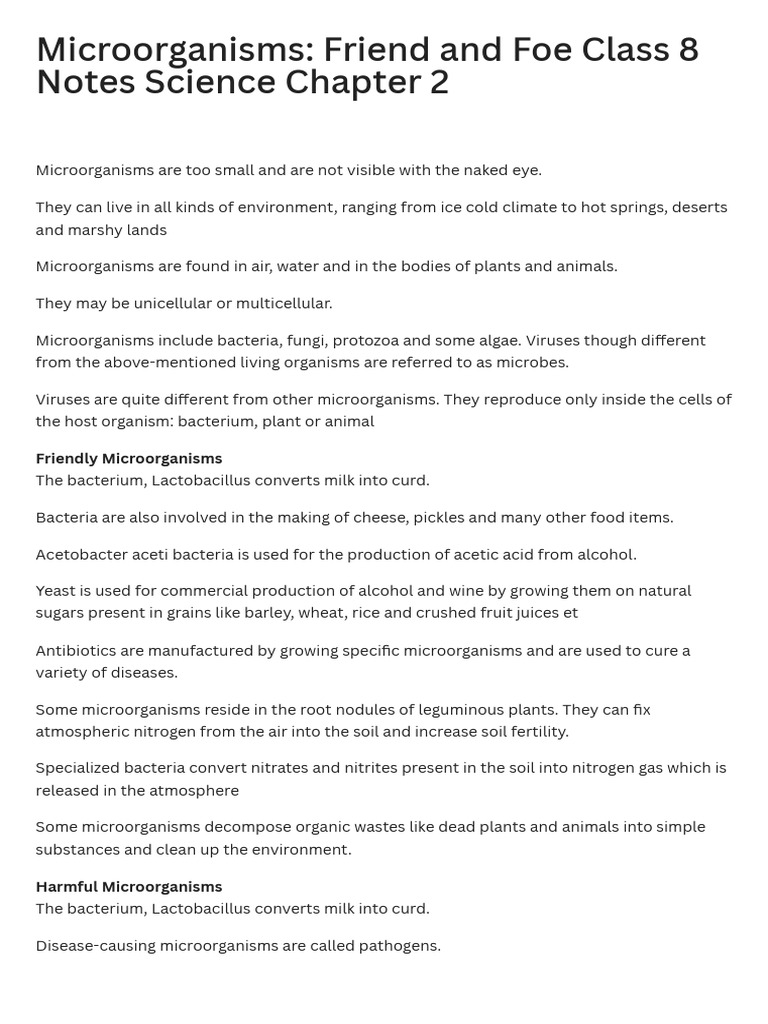 Microorganisms Friend and Foe Class 8 Notes Science Chapter 2 | PDF ...