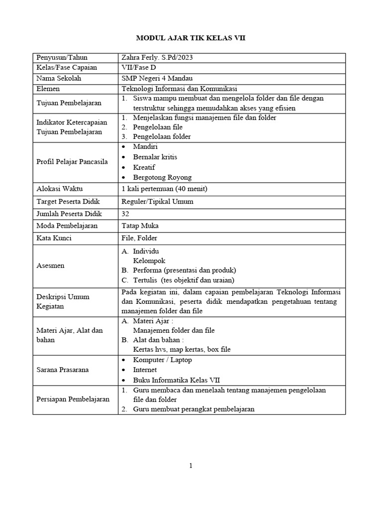 Modul Ajar TIK Zahra 4. | PDF