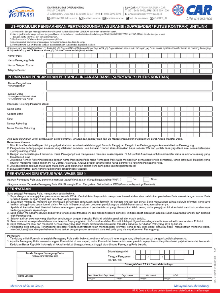 Car 182 - U1-Formulir Pengakhiran Pertanggungan Asuransi (Tebus Polis ...