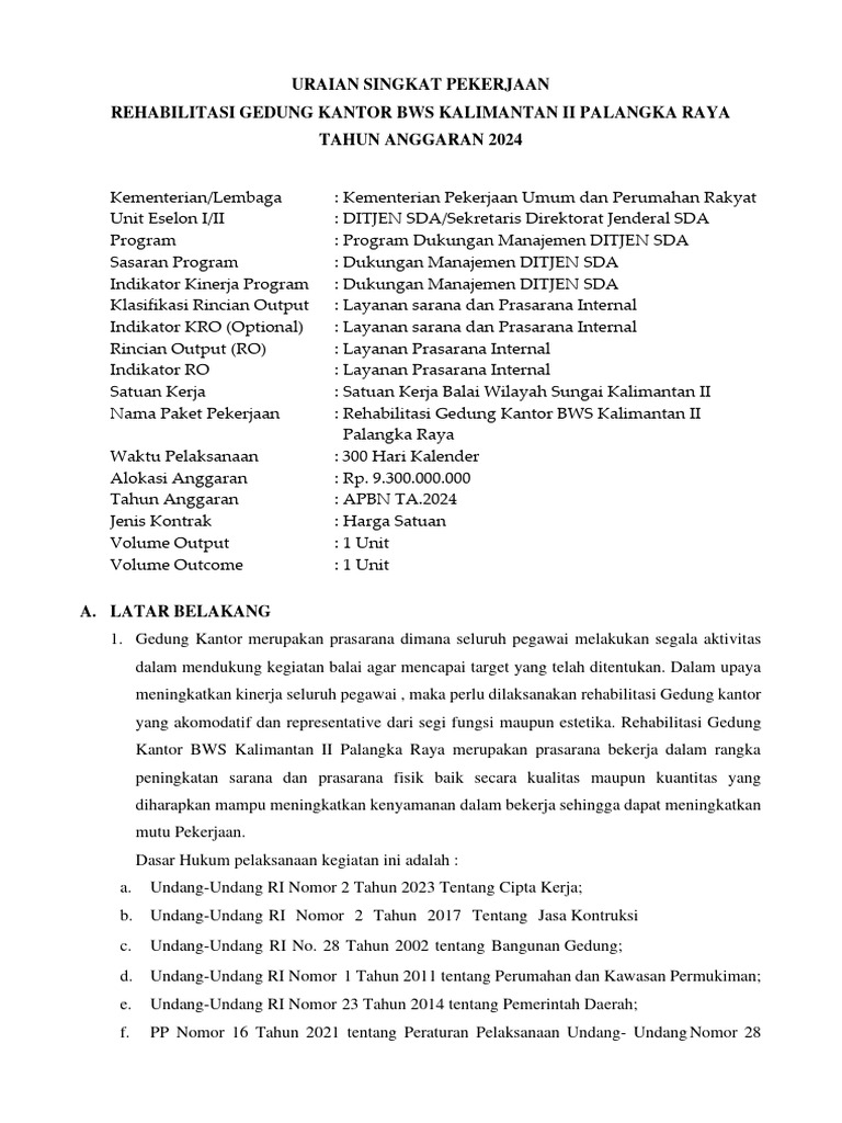 Uraian Singkat Pekerjaan Rehab Gedung TA.2024 | PDF