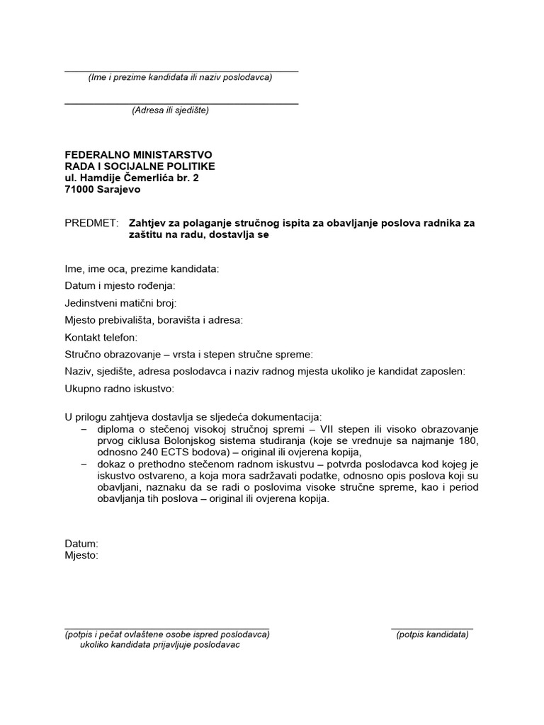 Obrazac Zahtjeva Za Polaganje Stru%C4%8Dnog Ispita Za Radnika Za Za%C5 ...