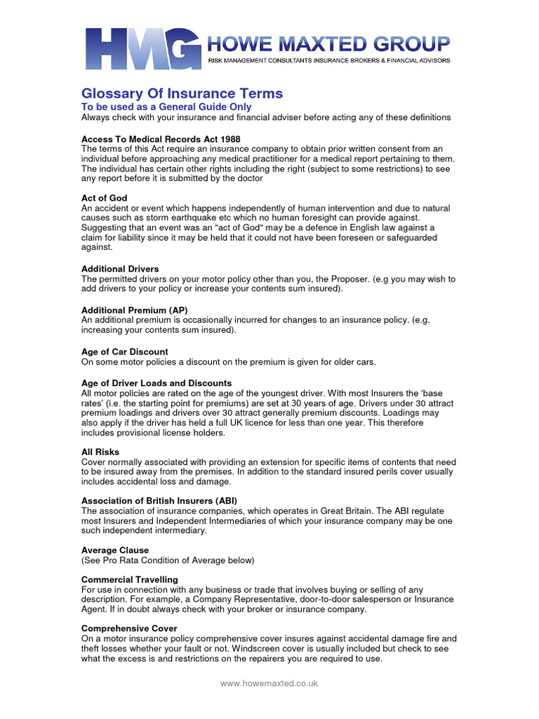 Glossary of Insurance Terms Jan 2015 | PDF | Insurance | Vehicle Insurance