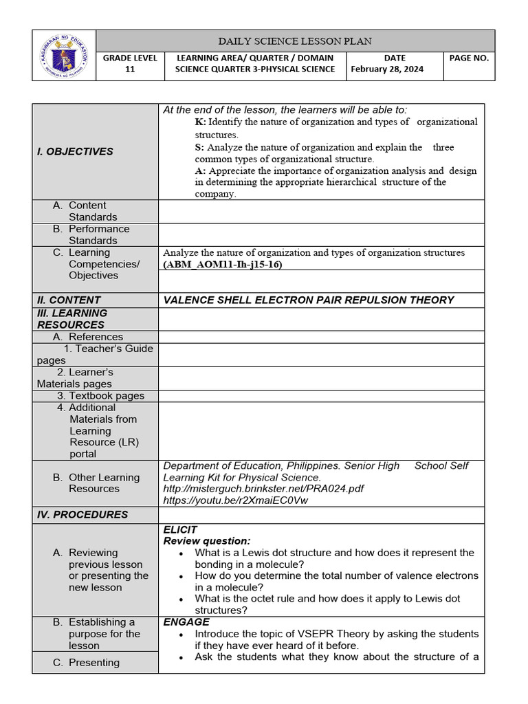 daily-Lesson-Plan-for - PhysScie-Vsepr-Theory | PDF | Chemical Bond ...