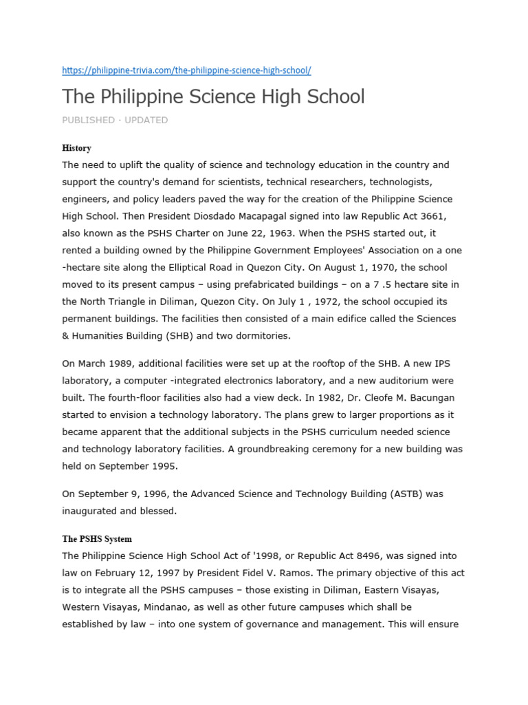 Philippine Science High School Overview | PDF | Science | Philippines