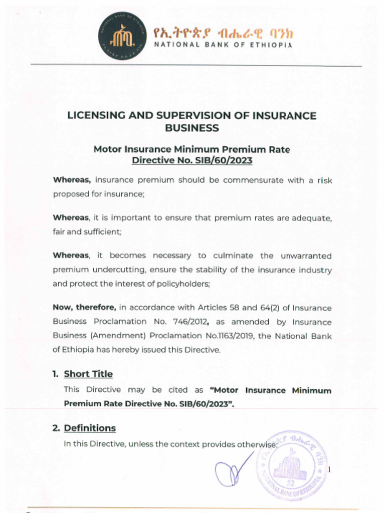 Directive No. SIB 60 2023 Motor Insurance Minimum Premium Rate | PDF