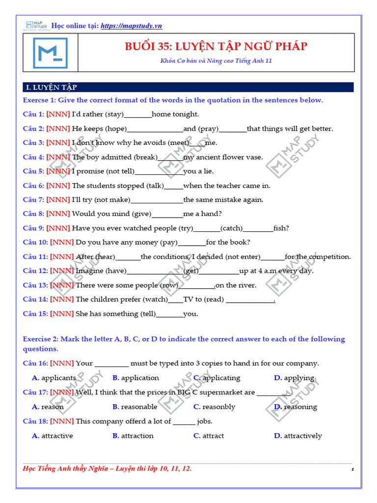 Bai 35 (Luyen Tap Ngu Phap) Lam Bai Tap Ngu Phap Chuyen Sau Ve 2 Chu Diem Ngu Phap Vua Hoc | PDF