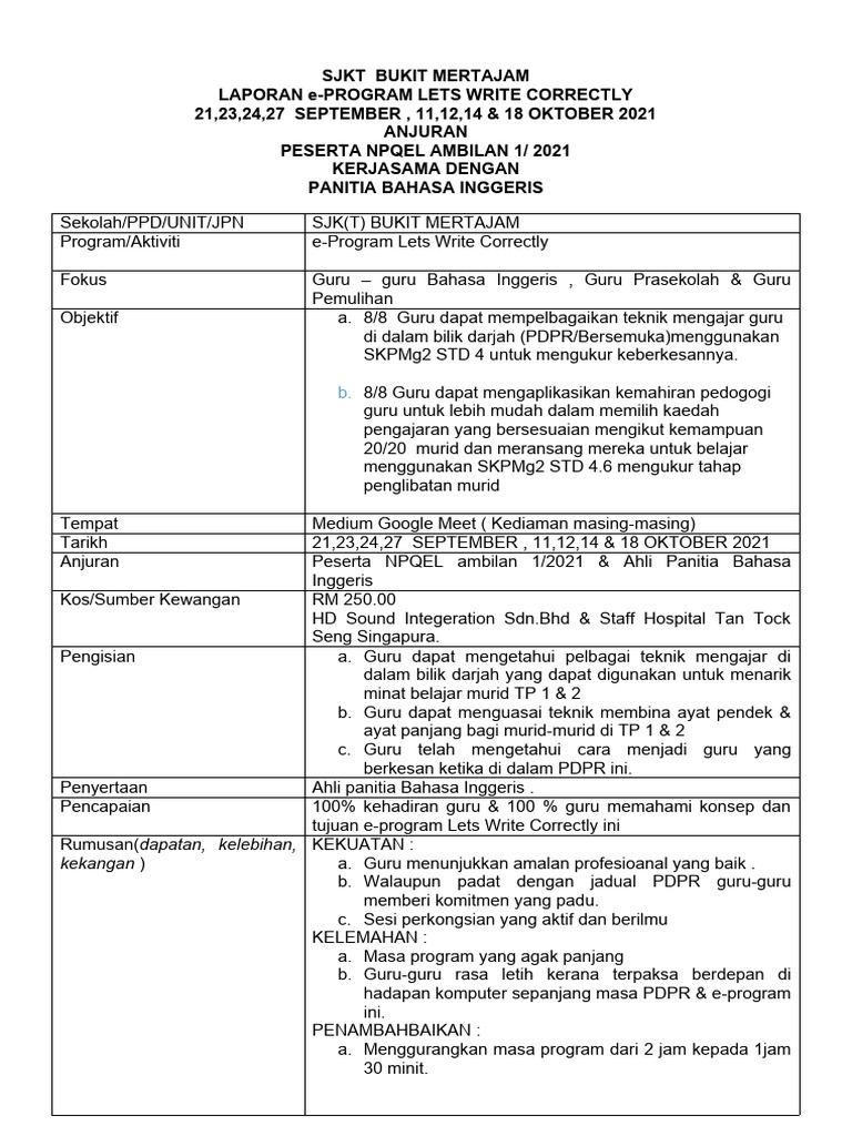 Contoh Laporan Aktiviti BI Dan Post Mortem | PDF