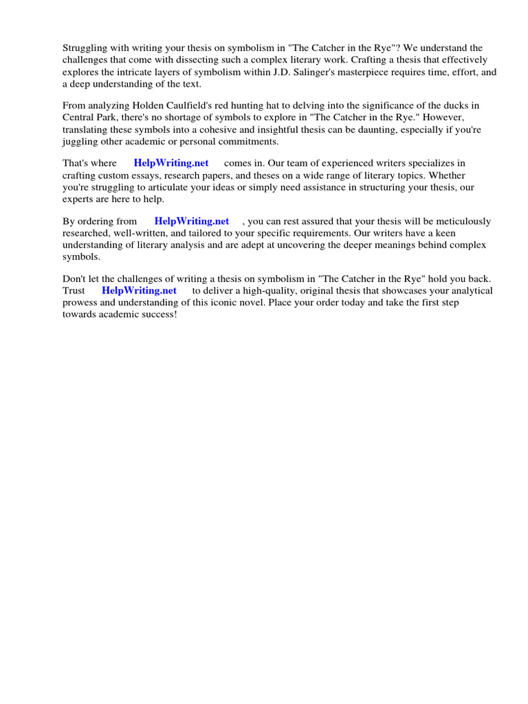 "Catcher in the Rye Symbolism Thesis Help" | PDF