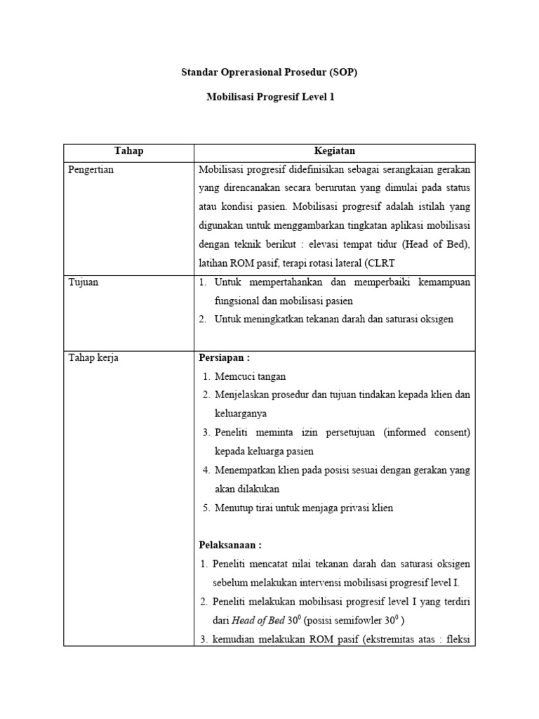SOP Mobilisasi Progresif Level 1 | PDF